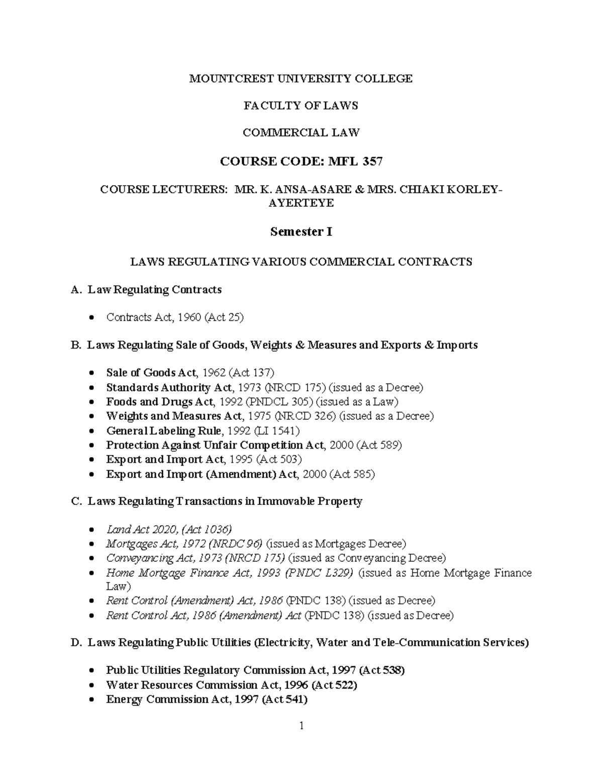 Commercial LAW - Course Outline - MOUNTCREST UNIVERSITY COLLEGE FACULTY ...