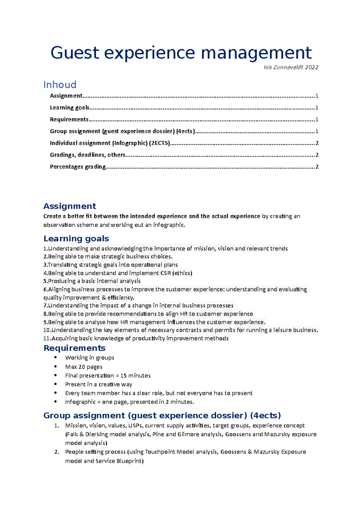 Guest experience management assignment summary - Guest experience ...