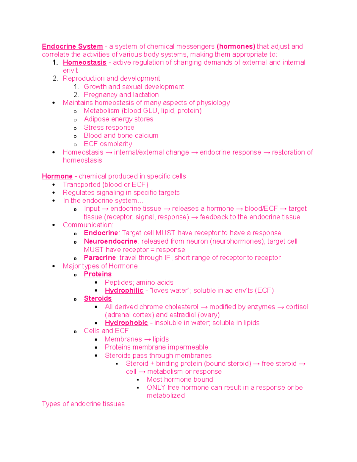 Endo notes 1 - Endocrine System - a system of chemical messengers ...
