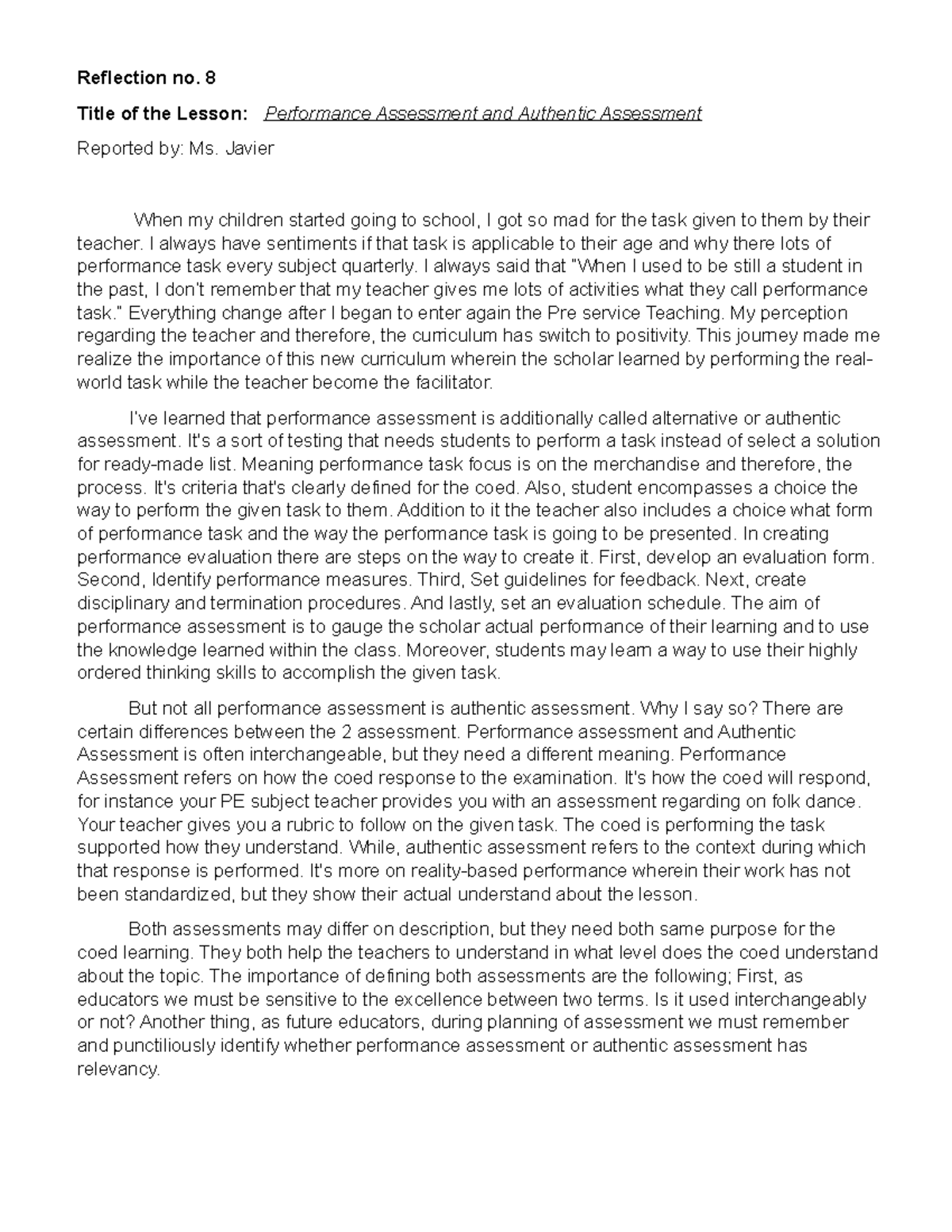 8. Performance Assessment and Authentic Assessment - Reflection no. 8 ...