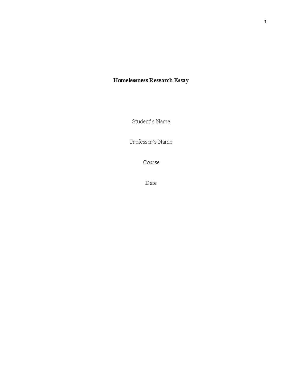 Homelessness essay - Homelessness Research Essay Student’s Name ...