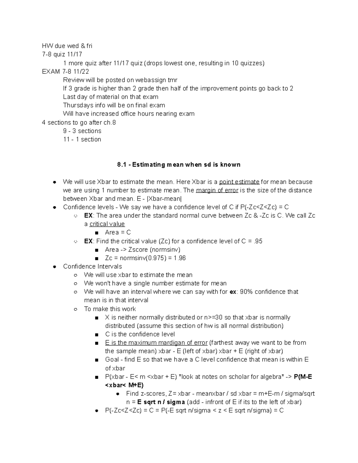 MATH Ch - notes - HW due wed & fri 7-8 quiz 11/ 1 more quiz after 11/17 ...