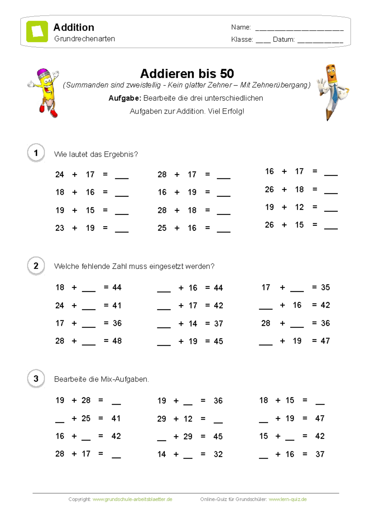 Addieren bis 50 summanden zweistellig kein glatter zehner mit ...