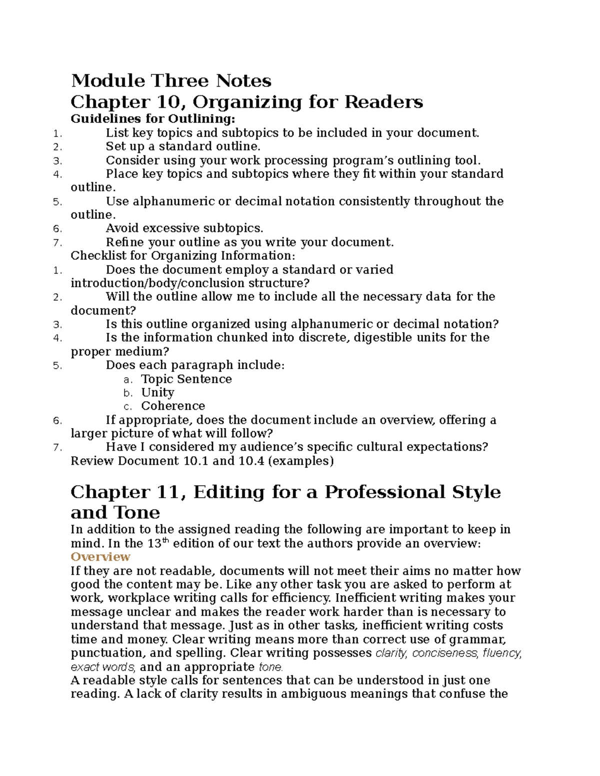 Module Three Notes - Module Three Notes Chapter 10, Organizing for ...