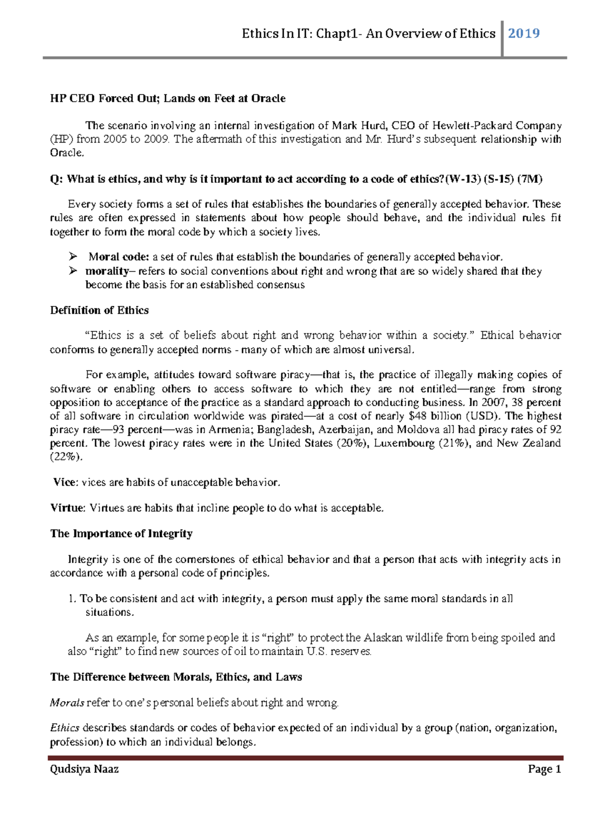 Ethics-chapter-1 - HP CEO Forced Out; Lands on Feet at Oracle The scenario involving an internal ...