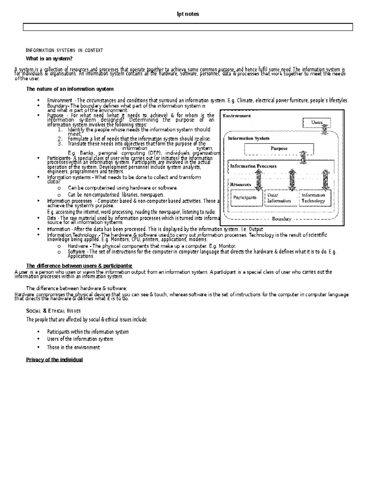 Prelim-Ipt-notes - Ipt notes INFORMATION SYSTEMS IN CONTEXT What is an ...
