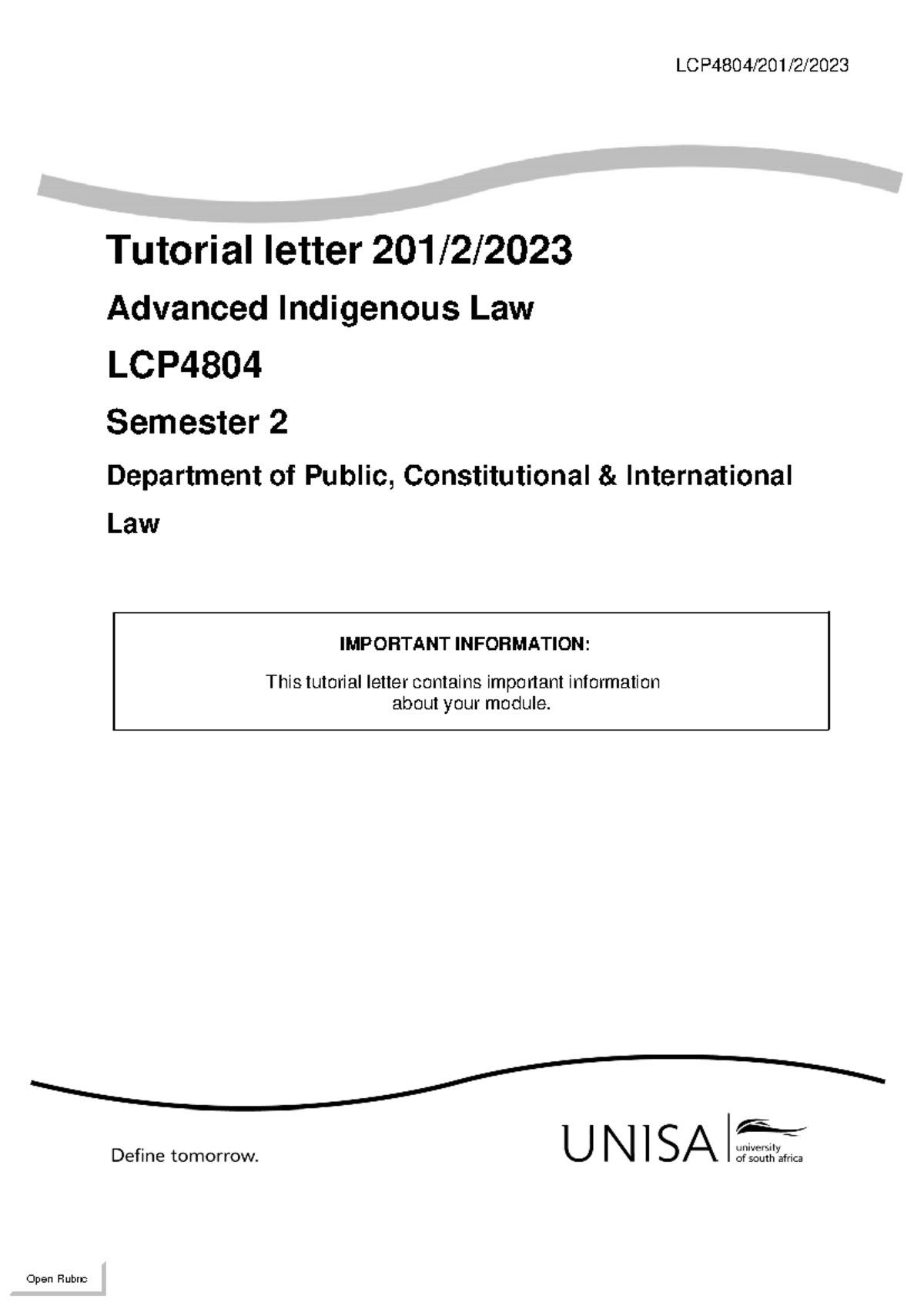 LCP 4804 201 2 2023 - MEMORANDUM - PLEASE READ THIS TUTORIAL LETTER IMMEDIATELY LCP4804/201/ 2 ...