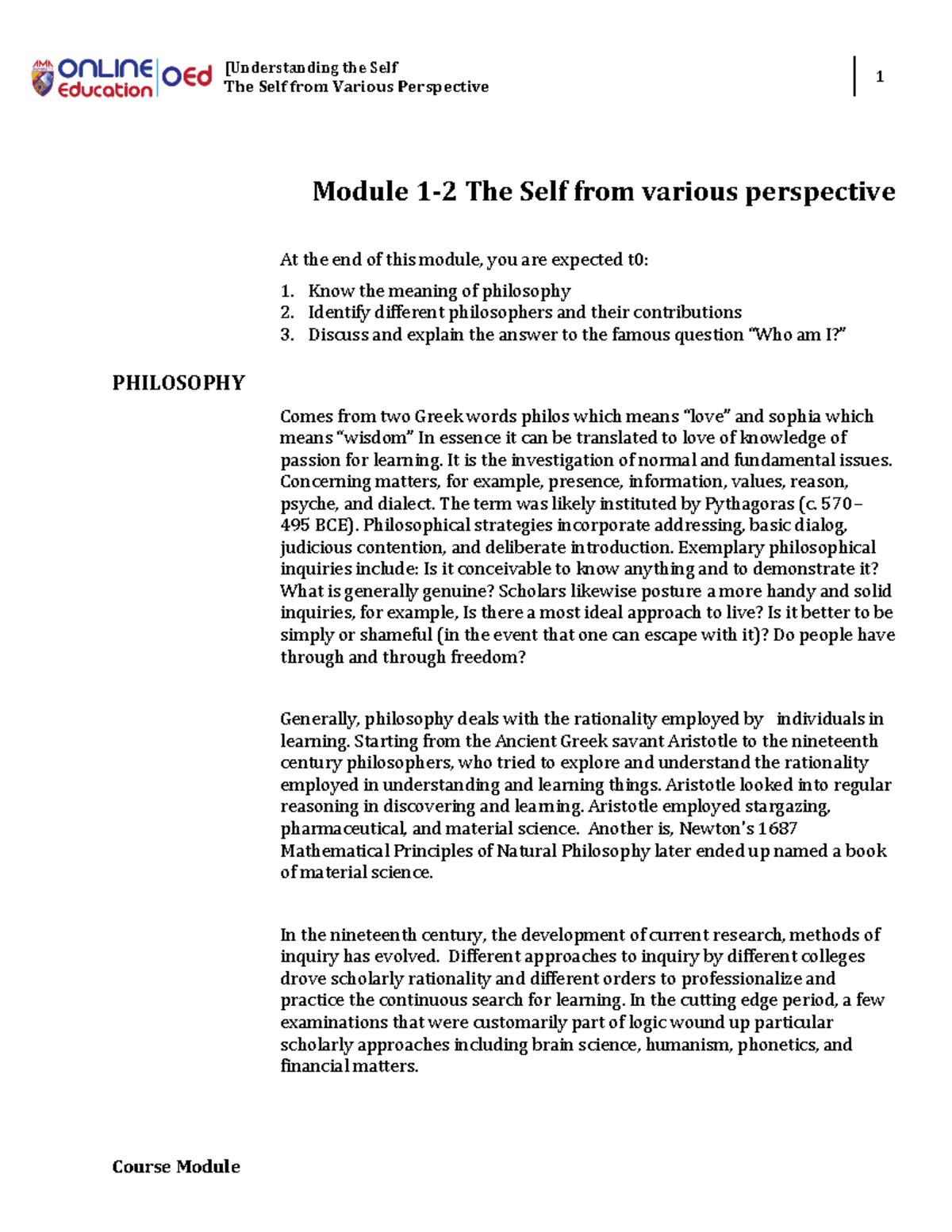 W2- The Self from various perspective - [Understanding the Self The ...