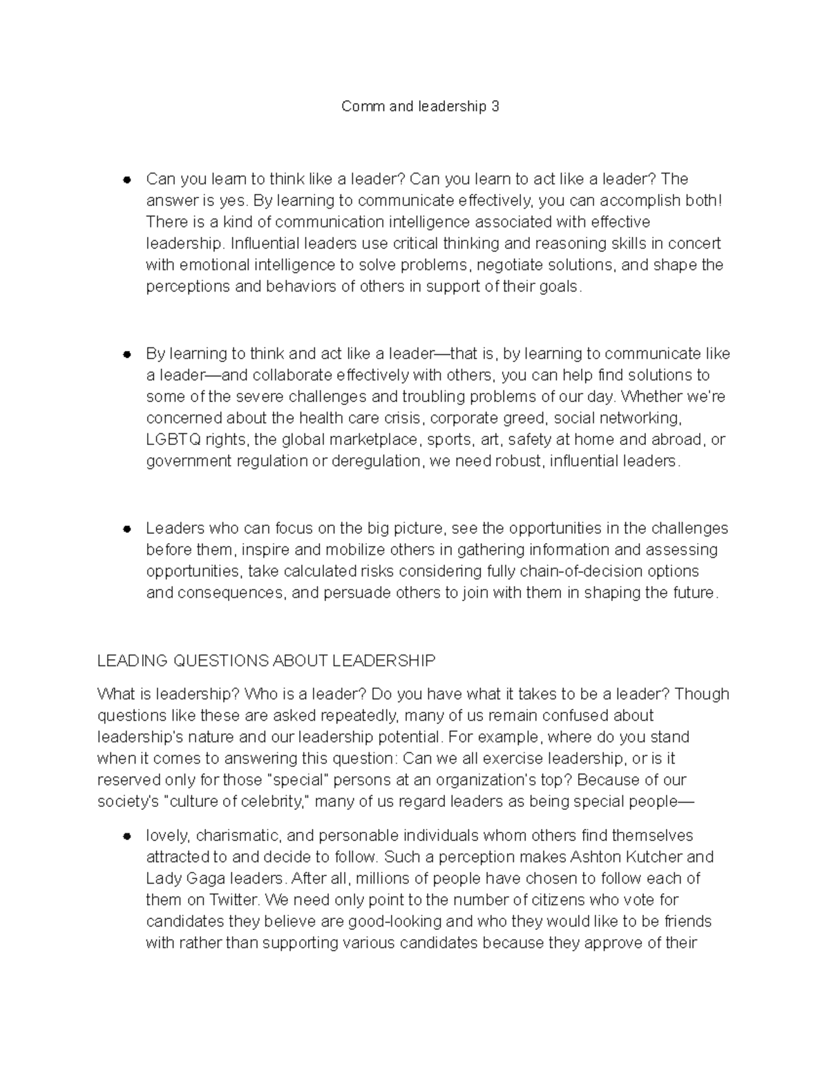 Comm and leadership 3 - Lecture notes - Comm and leadership 3 Can you ...