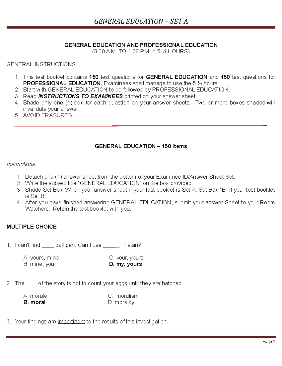 GEN-ED (W- Answer KEY) - General Education LET Reviewer - GENERAL ...