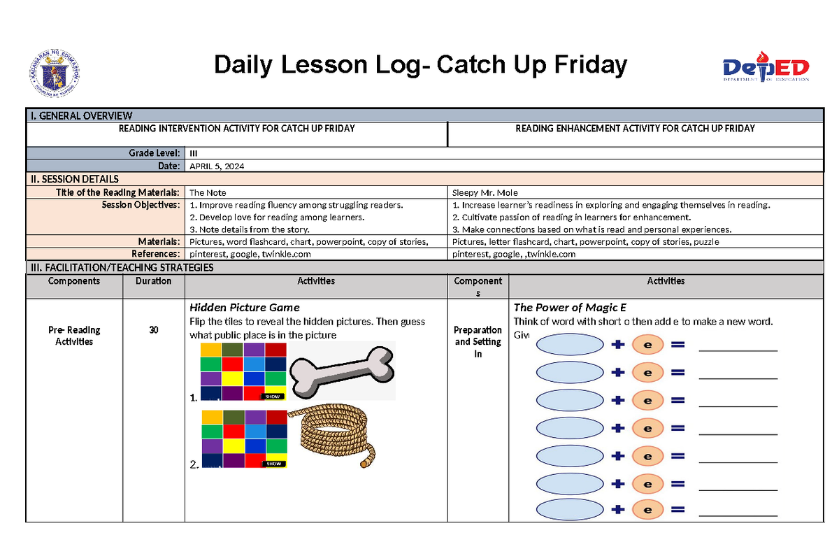 Reading- English-6 - FOR CATCH UP - Daily Lesson Log- Catch Up Friday I ...