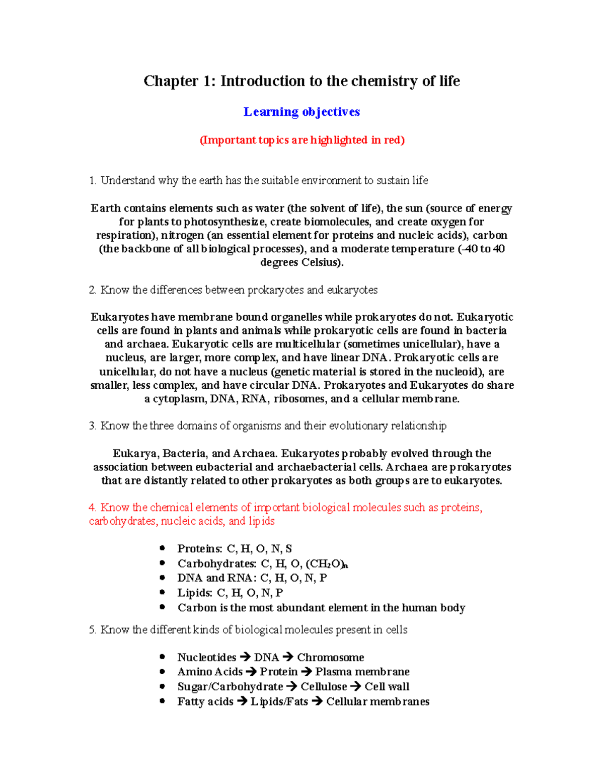 Biochem I Objectives Chapter 1 - Chapter 1: Introduction to the ...