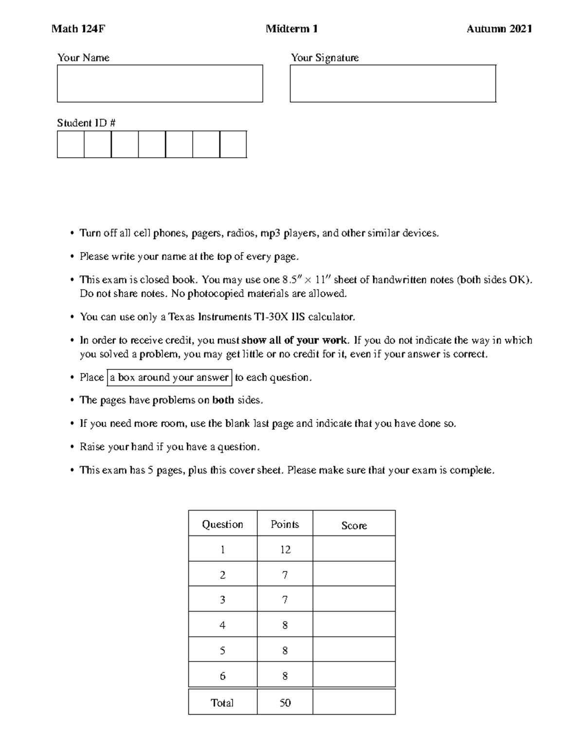 Perkins mid1 au21 - Practice exam - Math 124F Midterm 1 Autumn 2021 ...