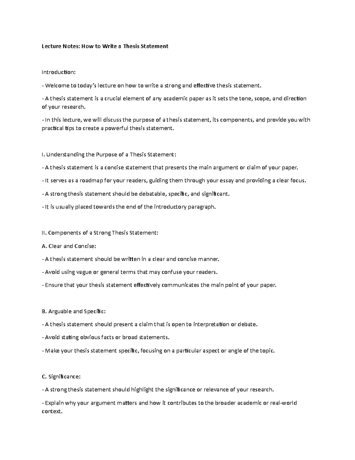 Lecture Notes How To Write A Thesis Statement Lecture Notes How To