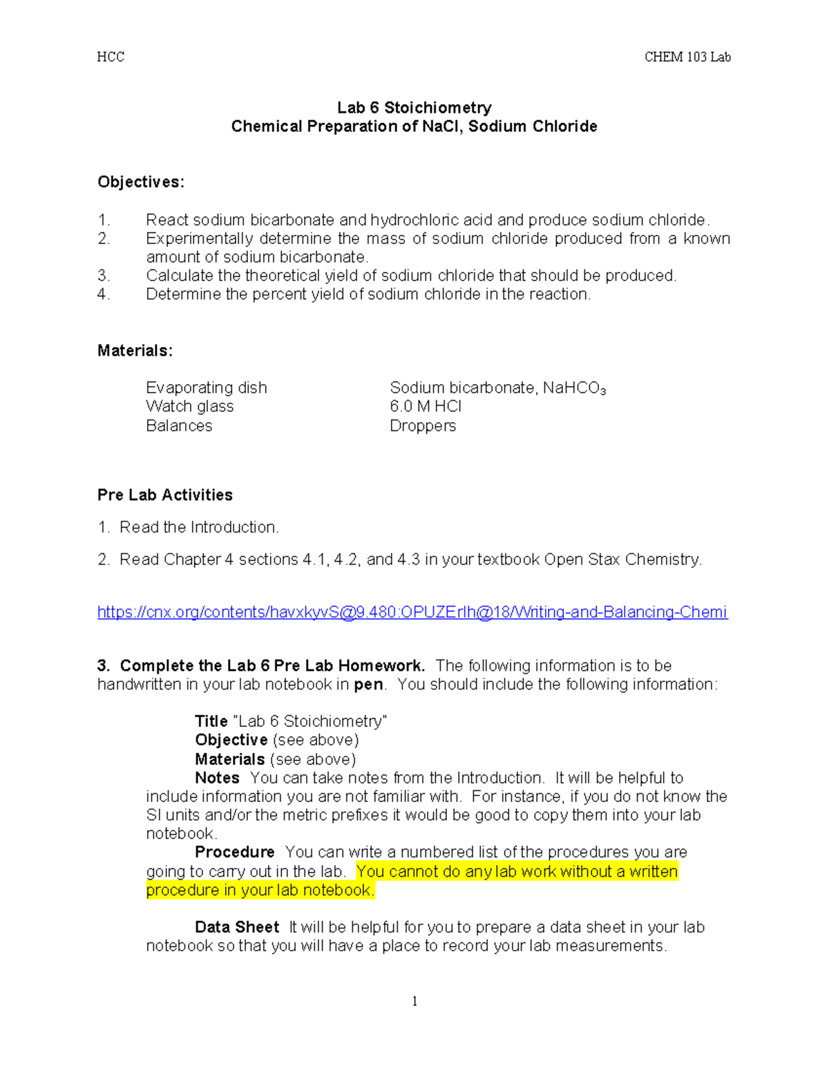 Chem 103 Lab 6 Stoichiometry - HCC CHEM 103 Lab Lab 6 Stoichiometry ...