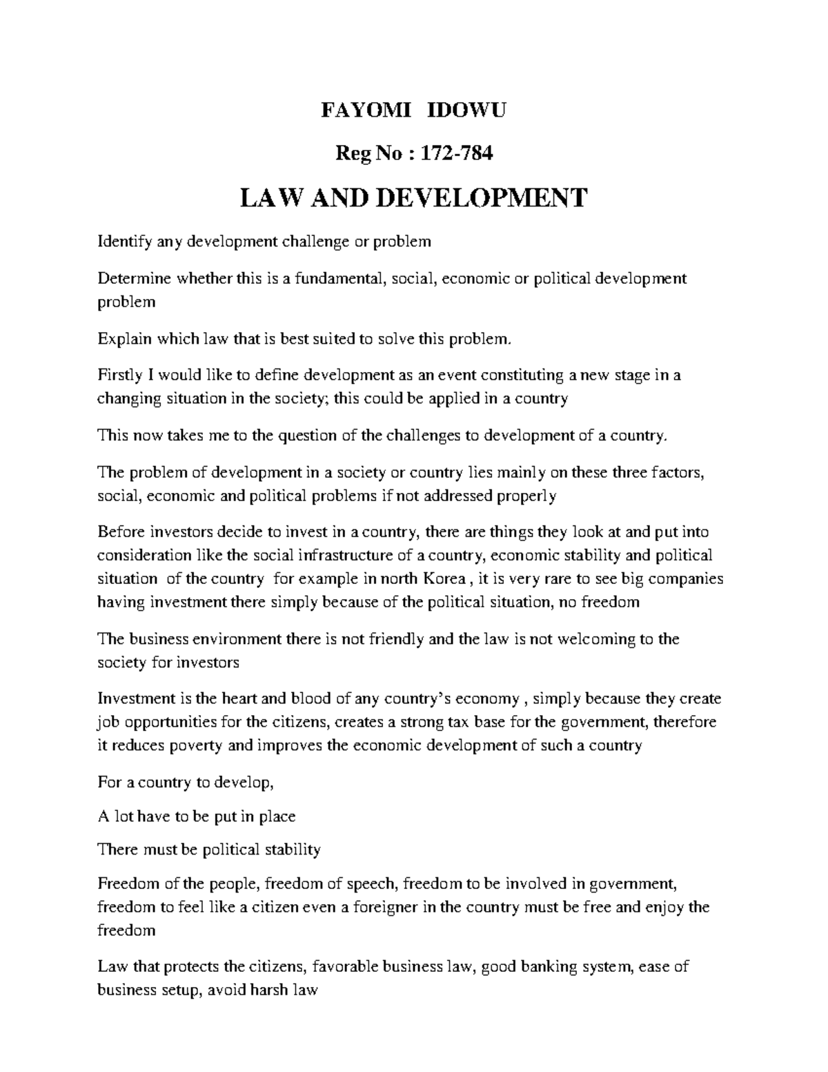 LAW AND Developmentmike - FAYOMI IDOWU Reg No : 172- LAW AND DEVELOPMENT Identify any ...