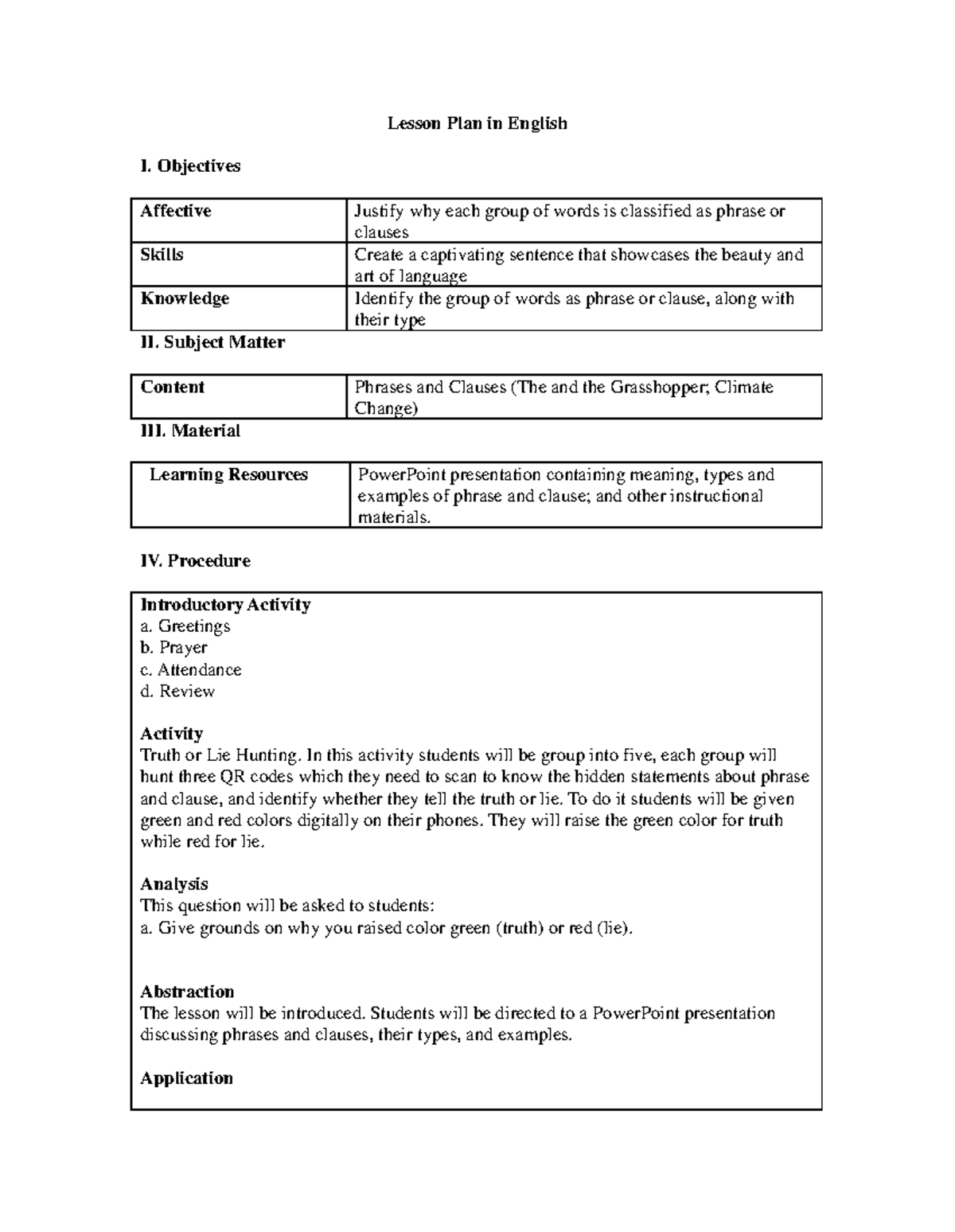 Phrases and clauses ENG5 - Lesson Plan in English I. Objectives II ...