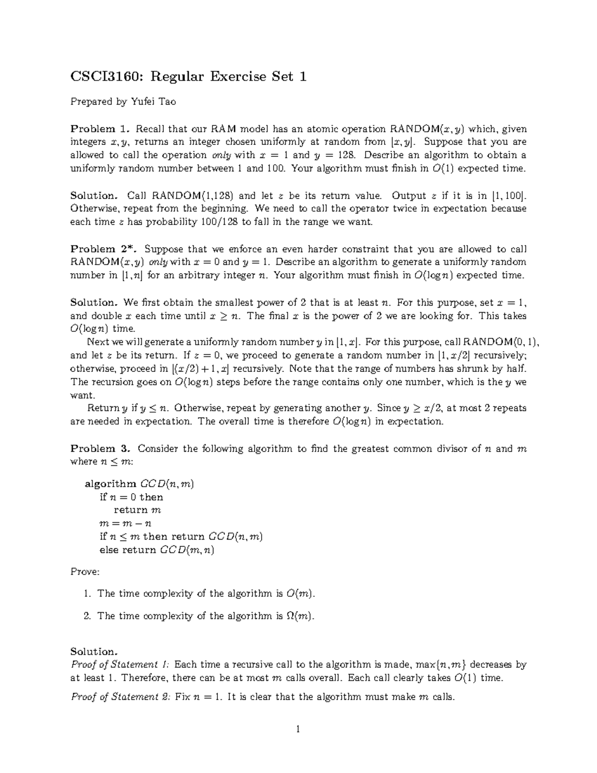 Ex1-sol - regular exercise - CSCI3160: Regular Exercise Set 1 Prepared by Yufei Tao Problem 1 ...