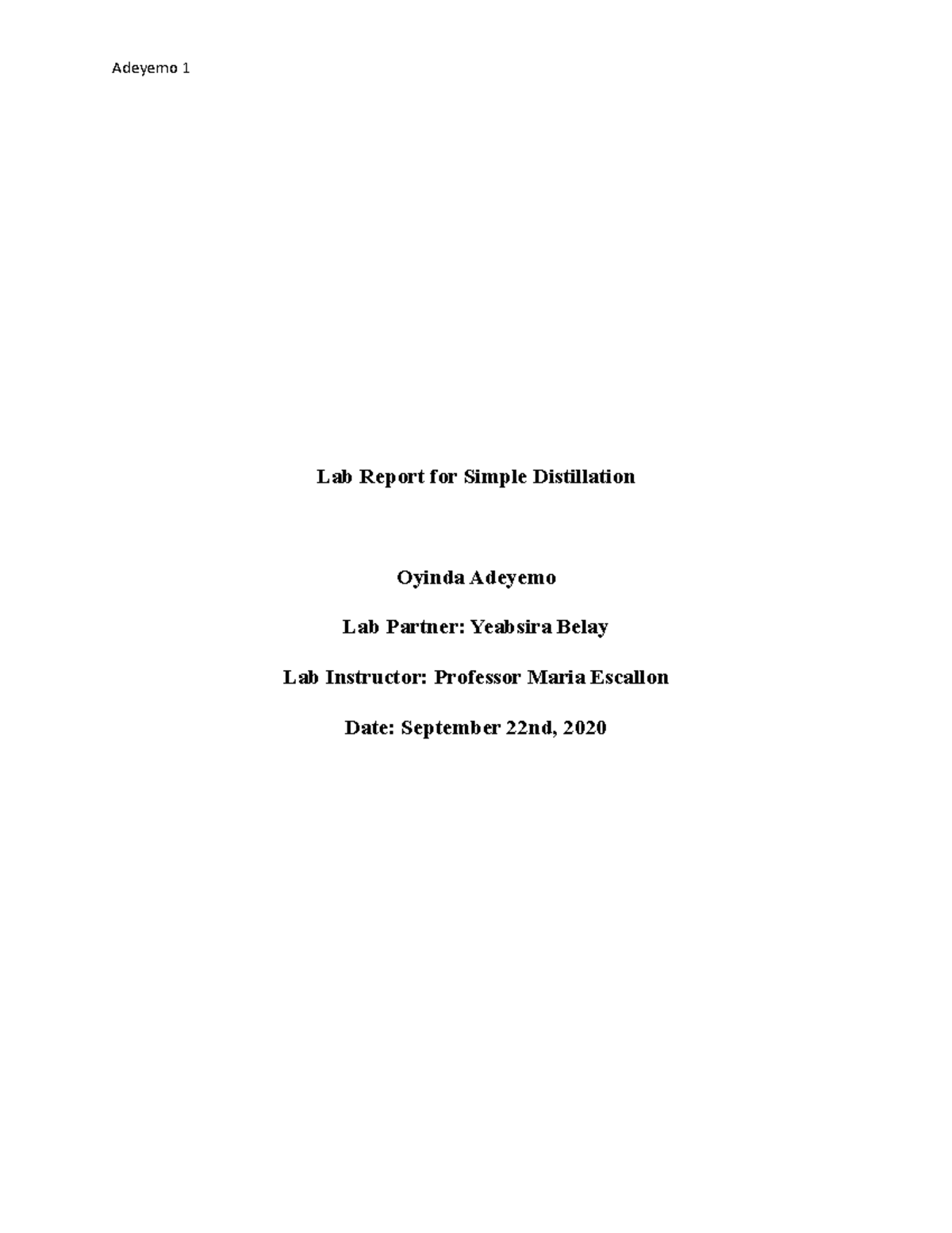 Distillation Lab report - Lab Report for Simple Distillation Oyinda ...