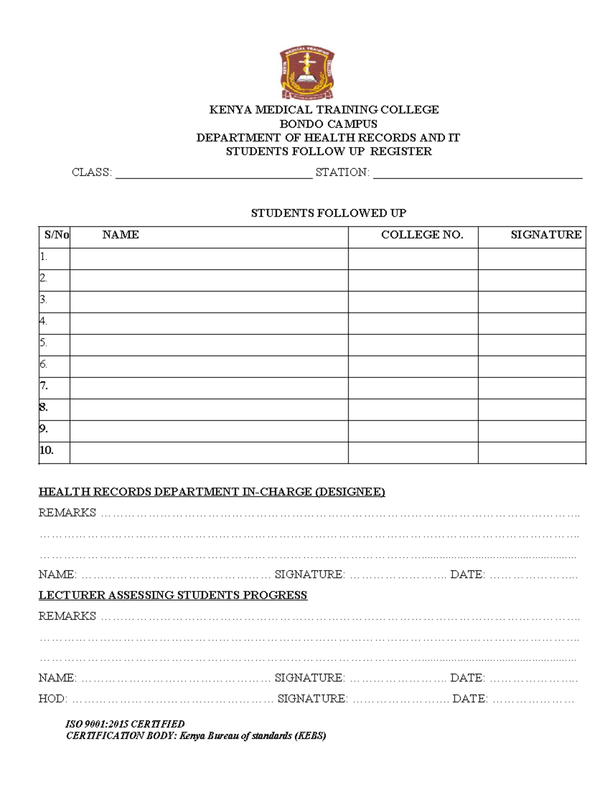 Follow up Register - NULL - KENYA MEDICAL TRAINING COLLEGE BONDO CAMPUS ...