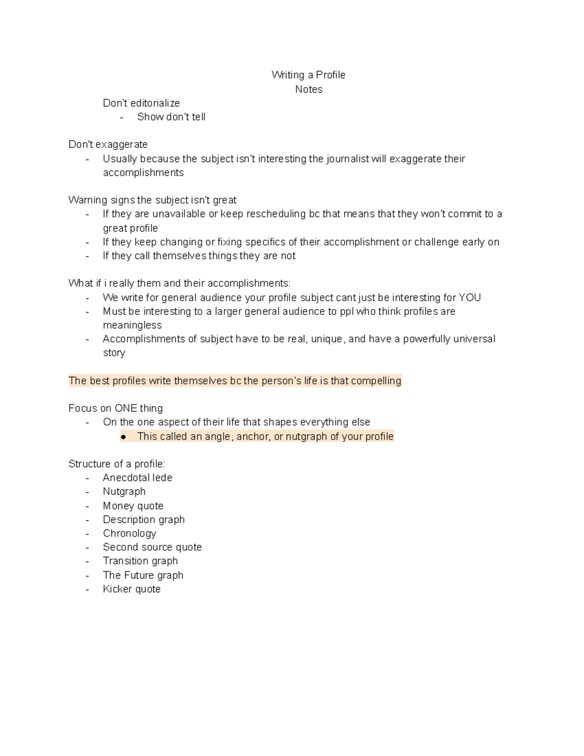 Jour120 writng a profile notes - Writing a Profile Notes Don’t ...