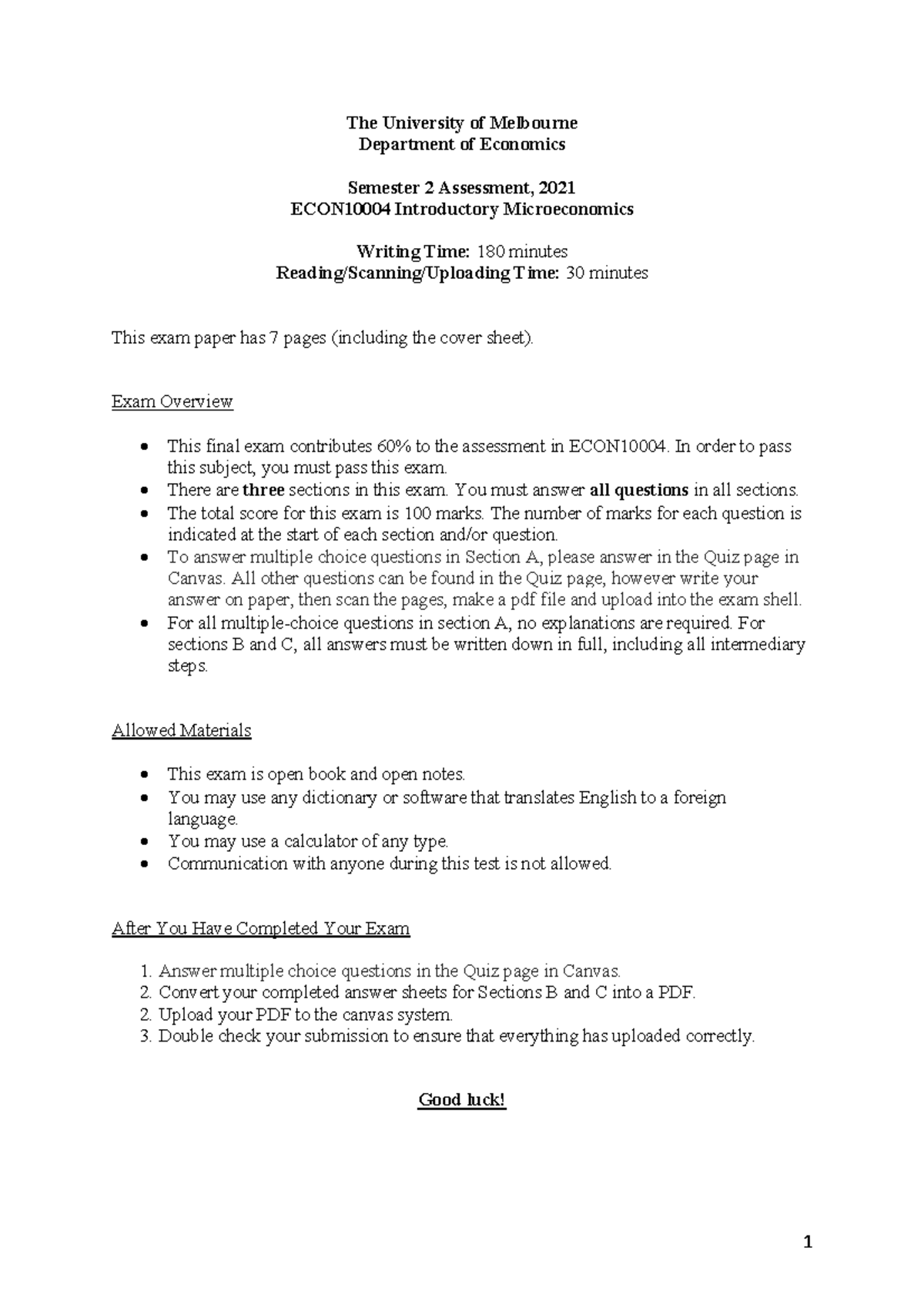 ECON10004 2021 S2 Final Exam - Solutions - The University of Melbourne Department of Economics ...