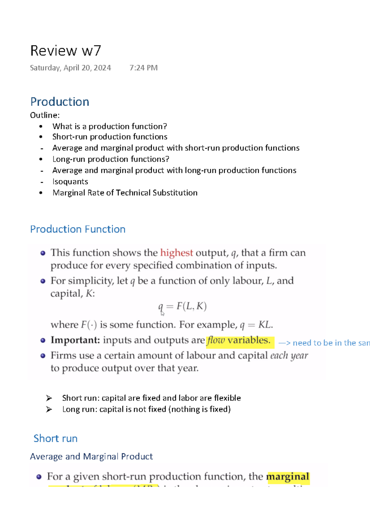 Review w7 - week 7 content - Production Outline: What is a production function? Short-run ...