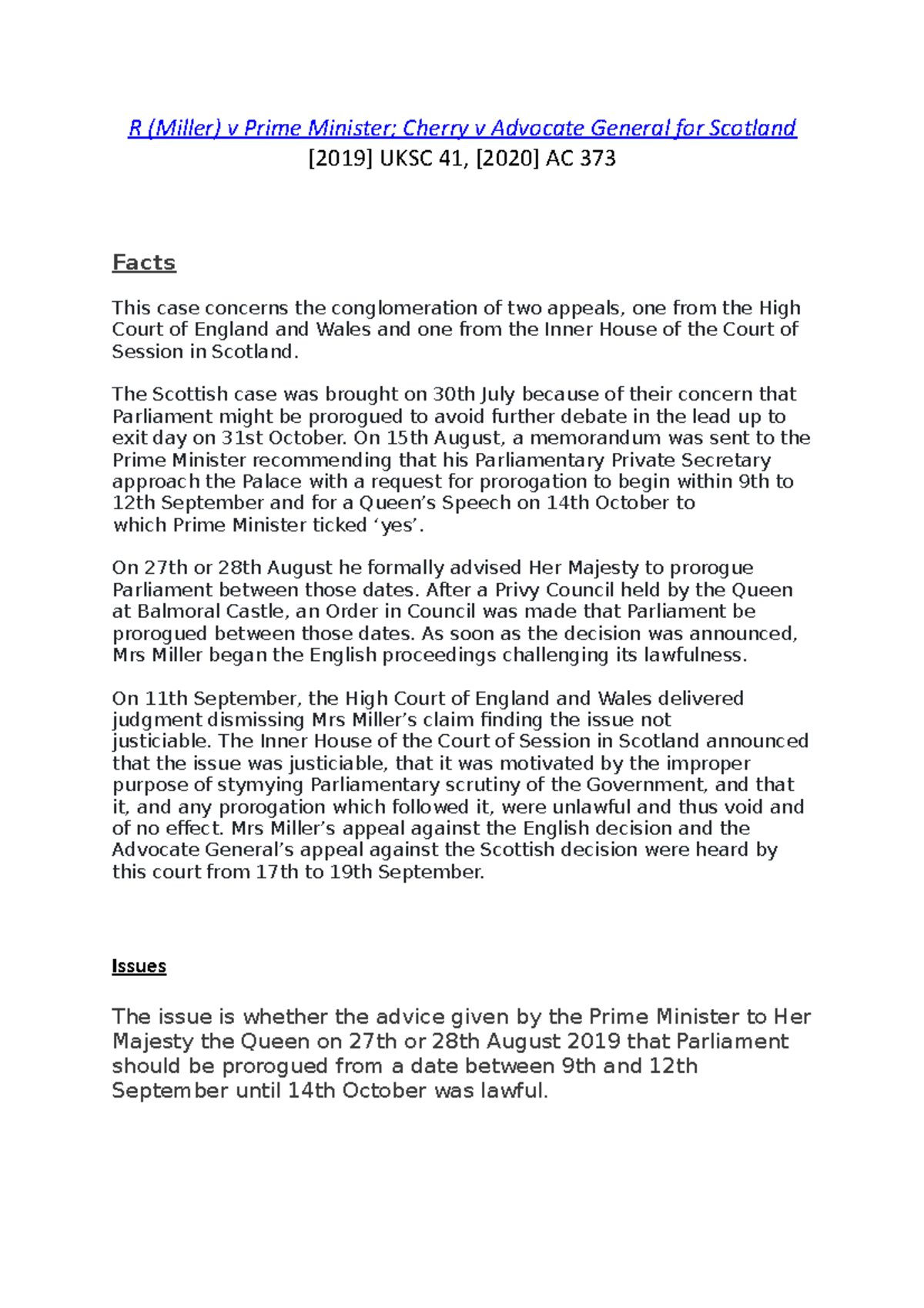 Miller II Case notes - R (Miller) v Prime Minister; Cherry v Advocate ...