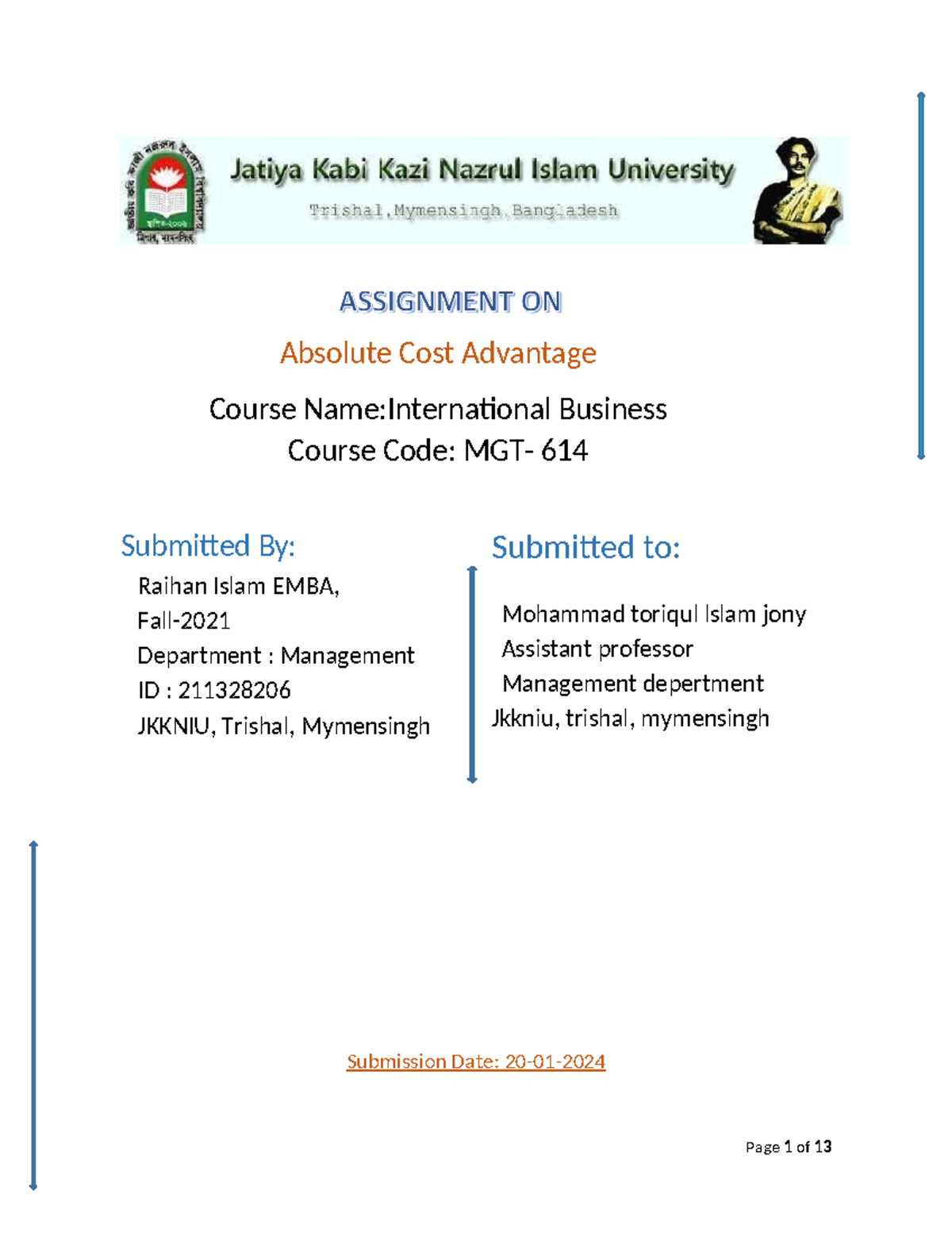 .raihan assignment,jony sir - Absolute Cost Advantage Course Name ...