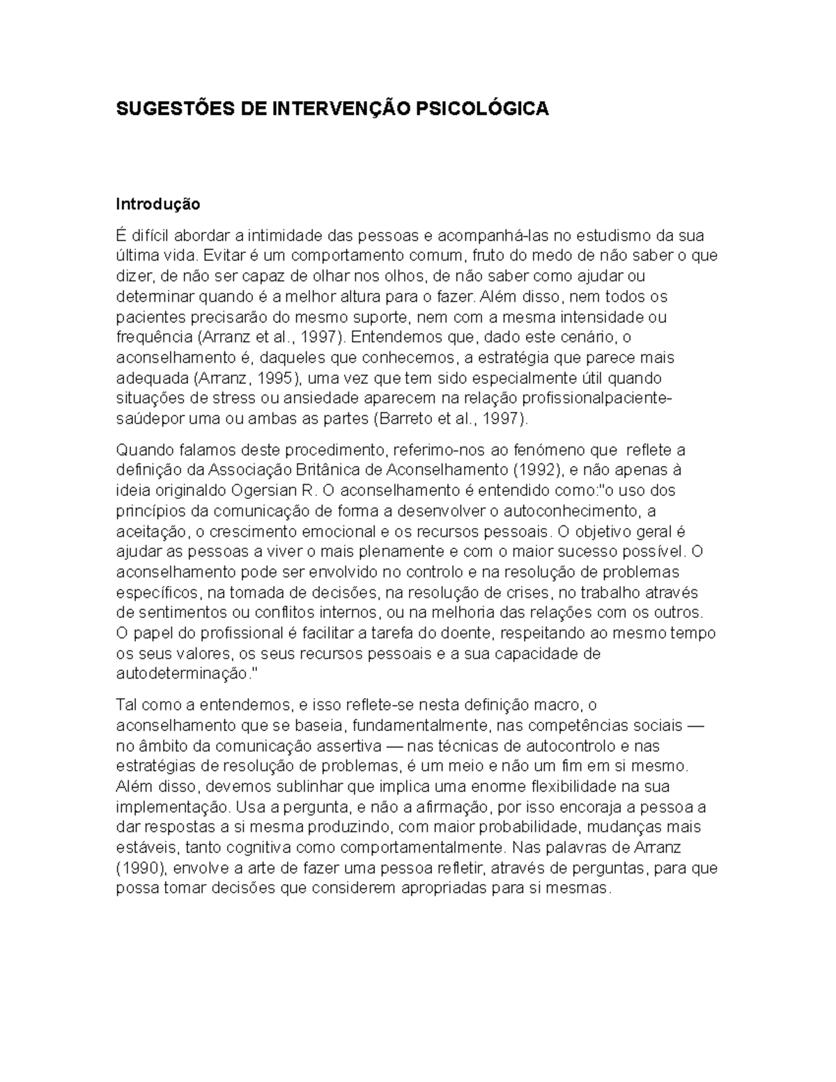 Sugestões de intervenção psicológica - SUGESTÕES DE INTERVENÇÃO ...