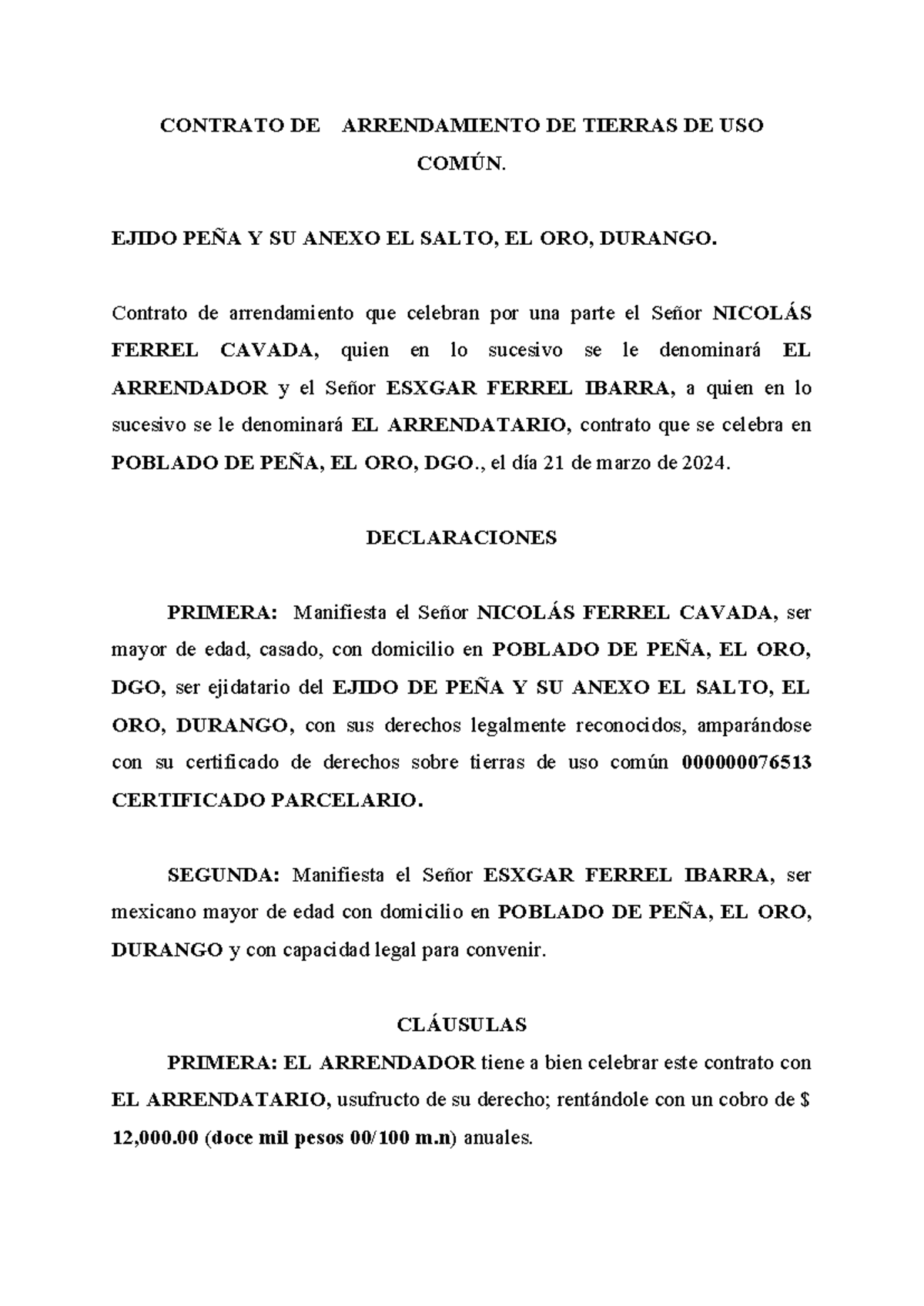 Contrato DE Tierras DE USO Comun LIC. Dalila II - CONTRATO DE ...