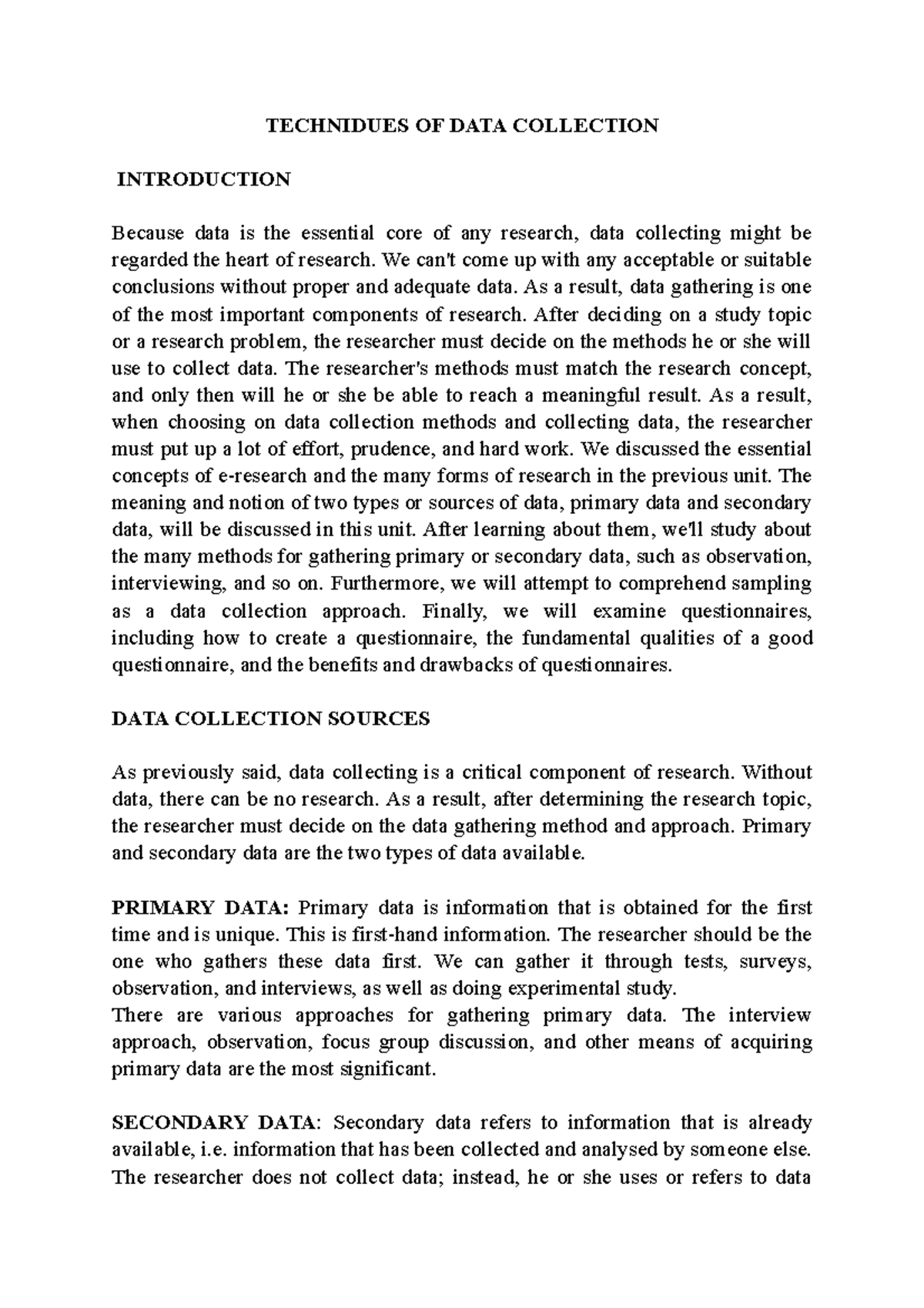 Technidues OF DATA Collection - TECHNIDUES OF DATA COLLECTION ...
