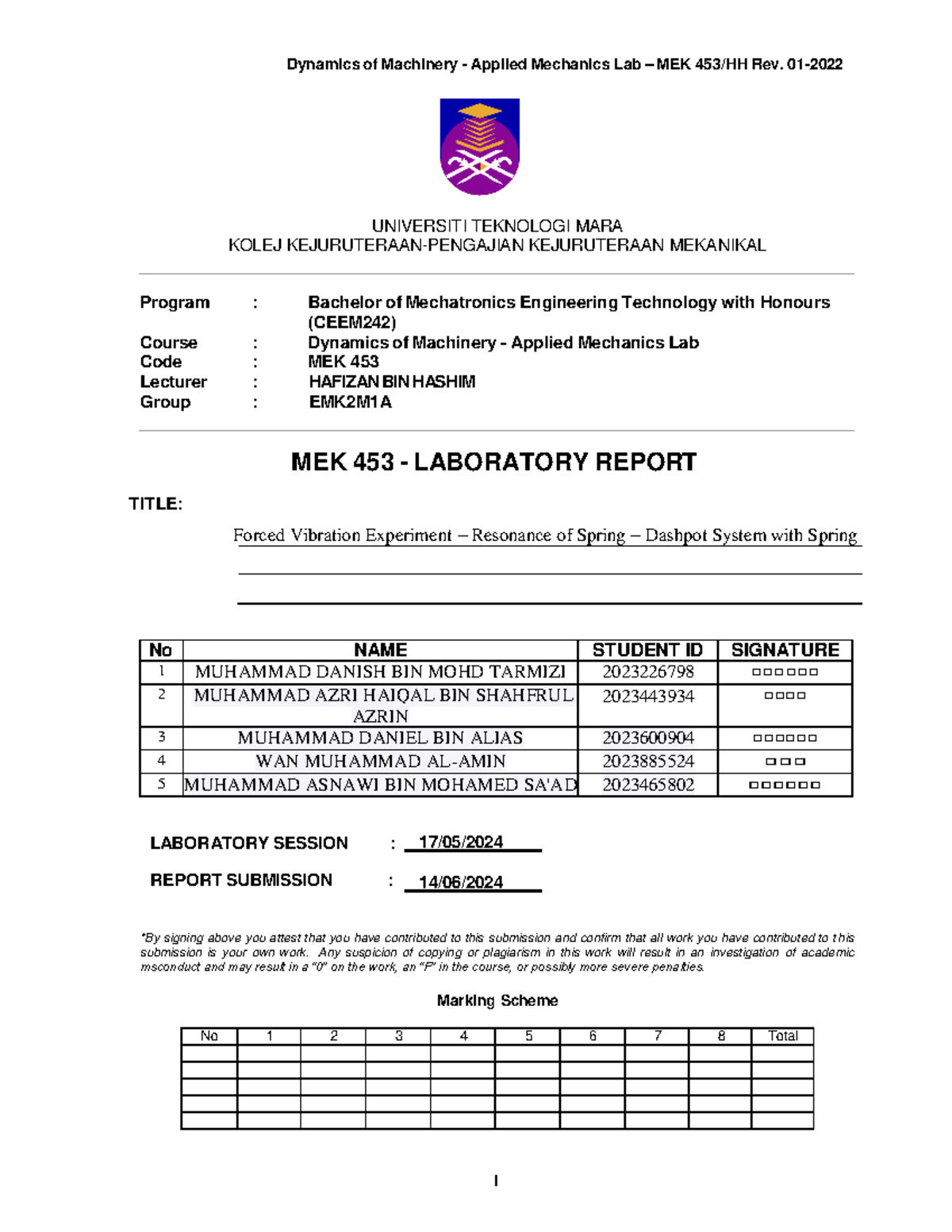 MEK453-Lab Report 3 - Forced Vibration - (Mar 24~Aug 24) - 1A - G2 ...