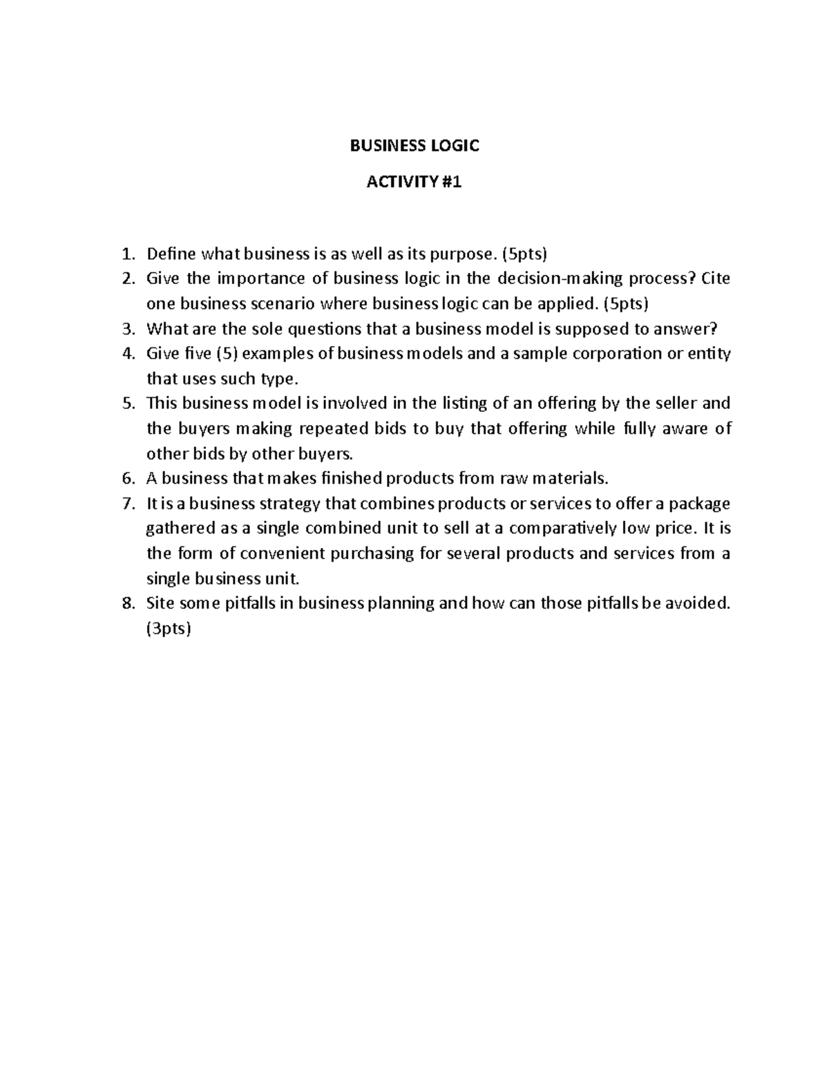 Activity-1 business logic - BUSINESS LOGIC ACTIVITY Define what ...