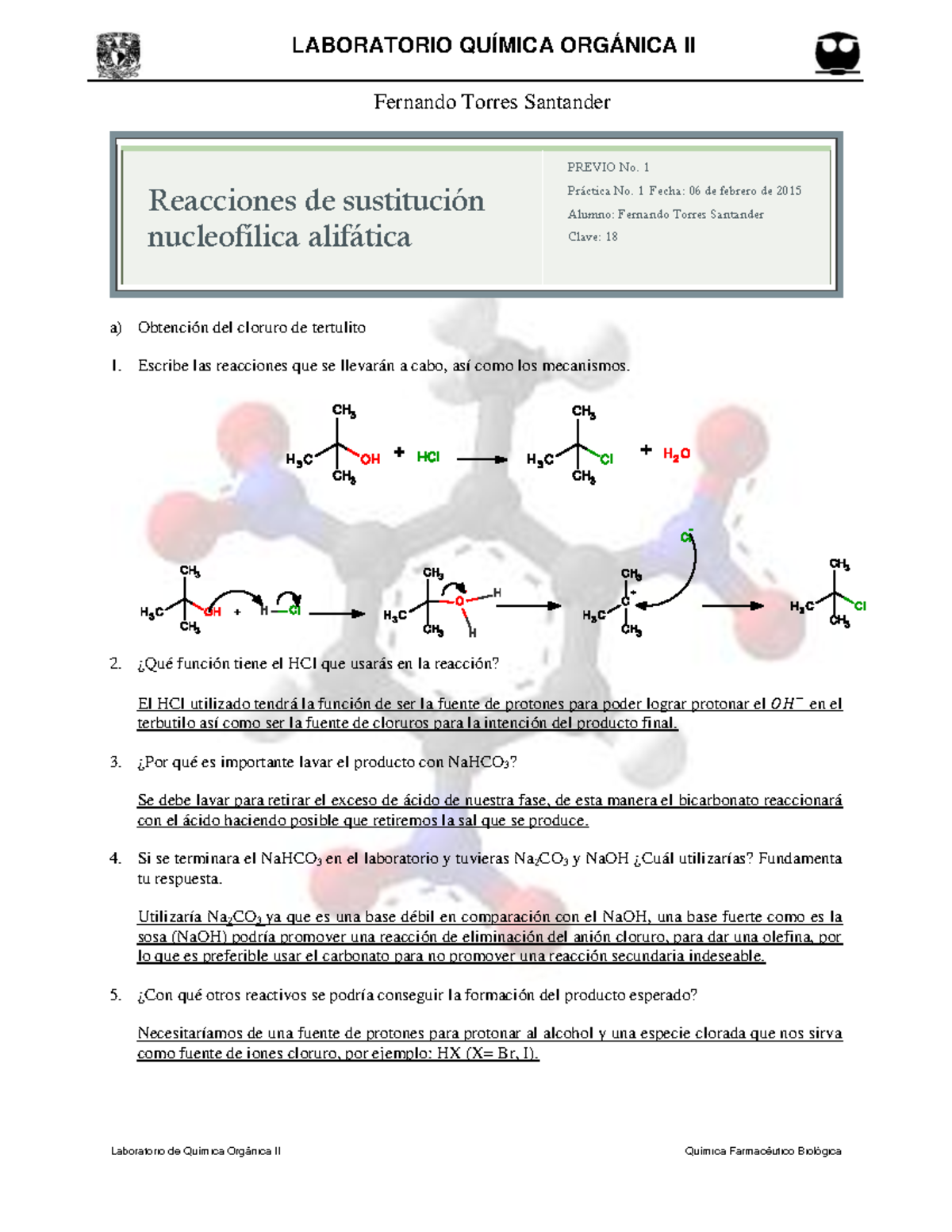 Previo No. 1 Reacciones de sustitución nucleofílica alifática ...