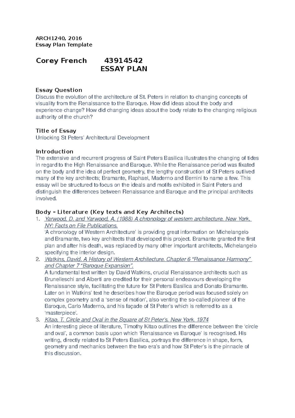 Essay Plan - Grade: 5 - ARCH1240, 2016 Essay Plan Template Corey French ...