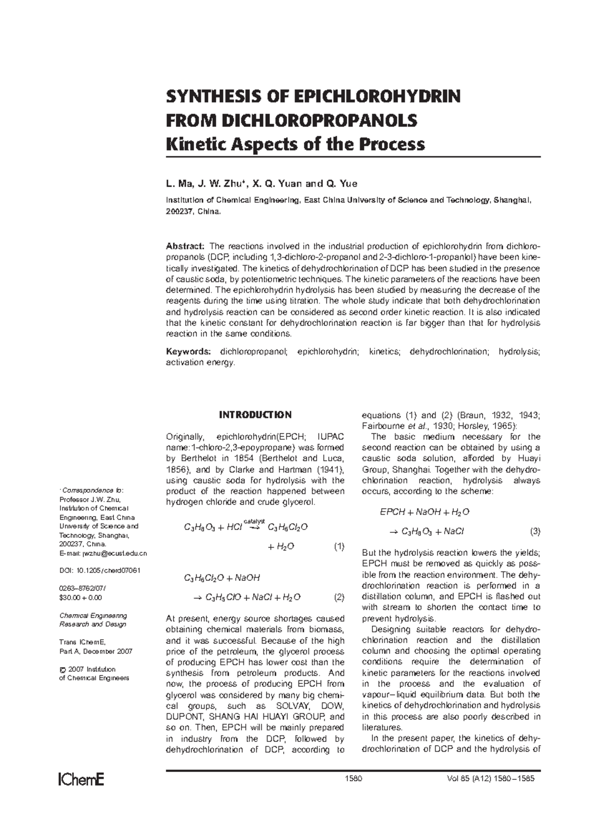 Reação epicloridrina - SYNTHESIS OF EPICHLOROHYDRIN FROM ...