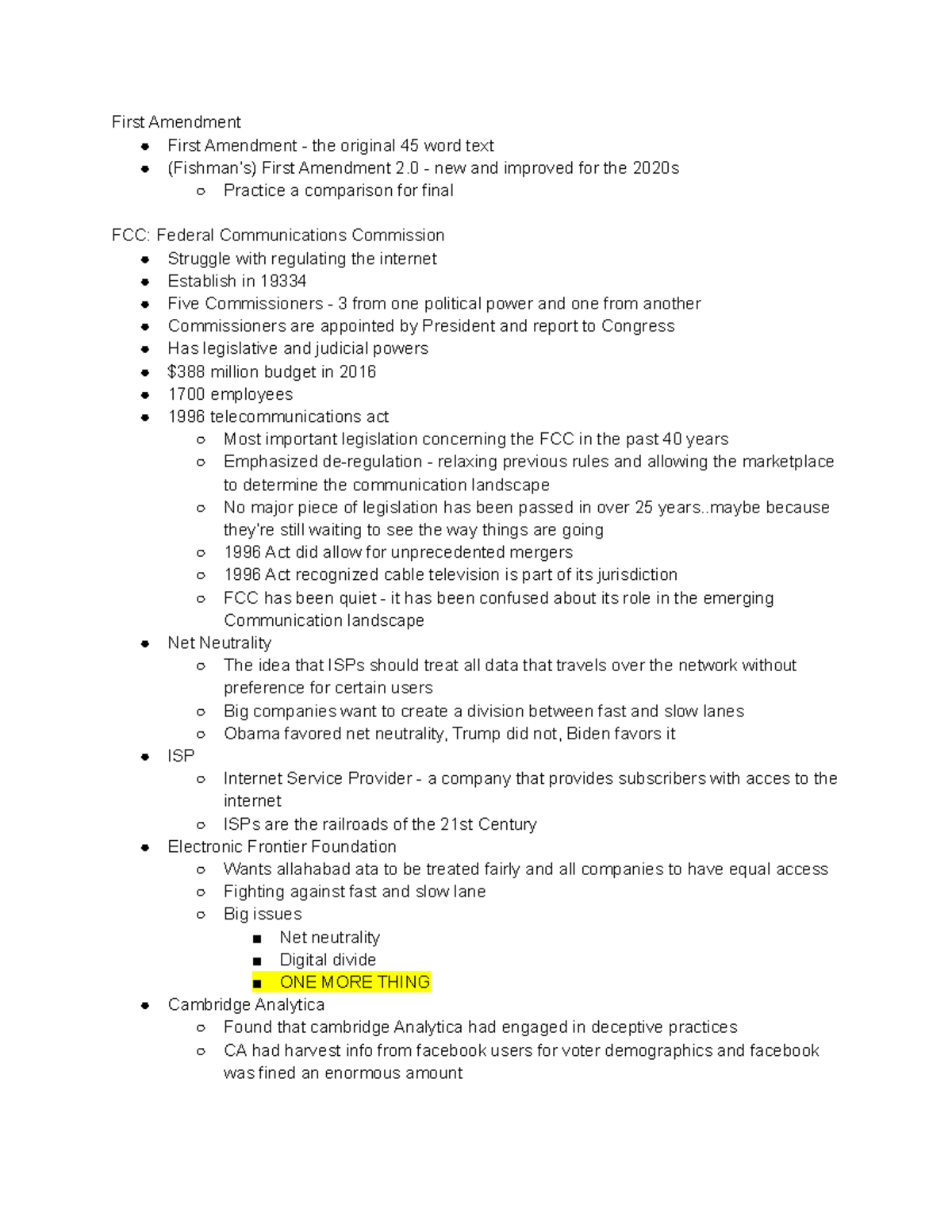 Lecture 24 Class Notes - First Amendment First Amendment - the original ...