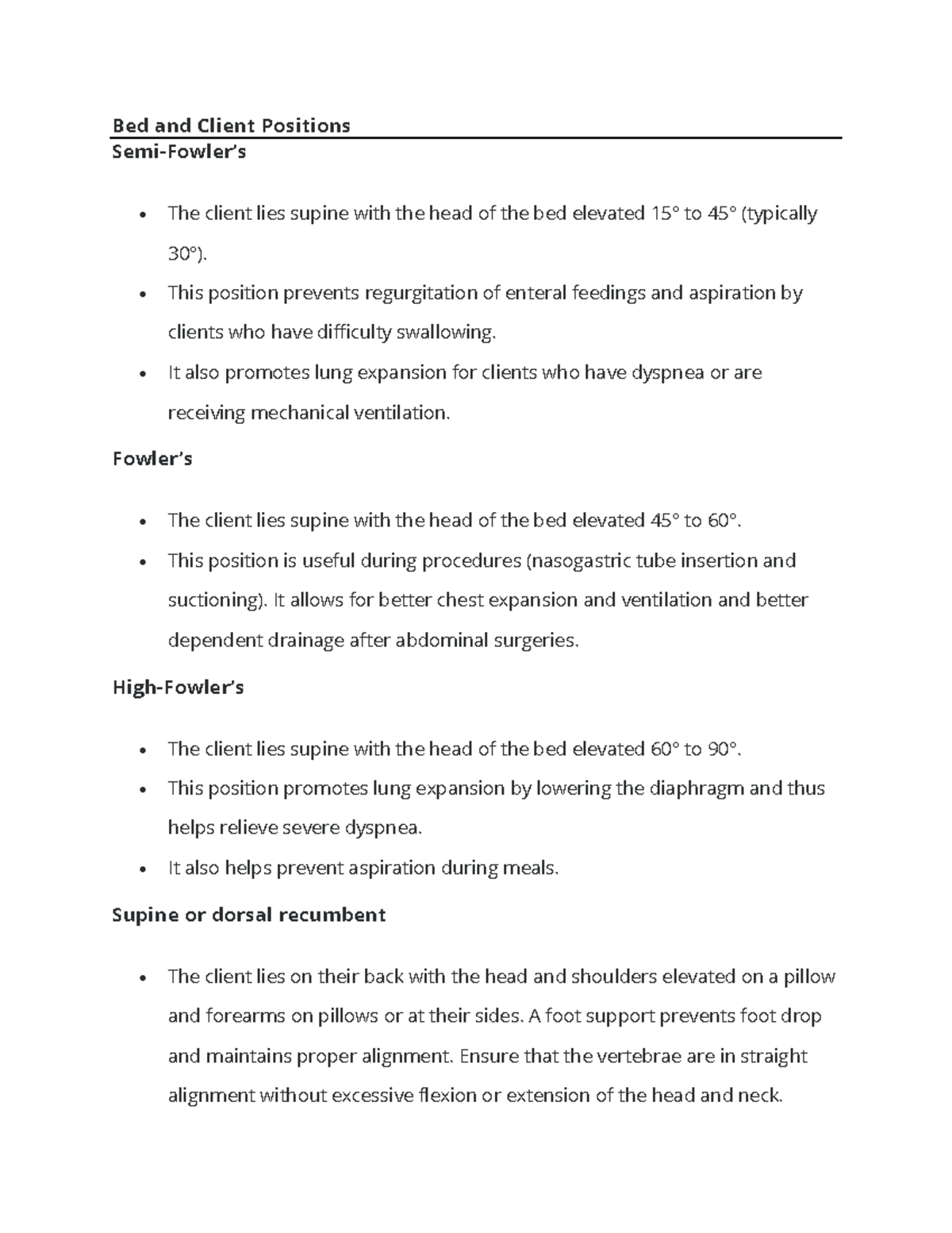 Bed and Client Positions - Bed and Client Positions Semi-Fowler’s • The ...