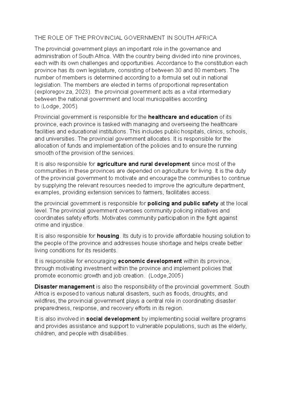 THE ROLE OF THE Provincial Government IN South Africa 2 - THE ROLE OF ...