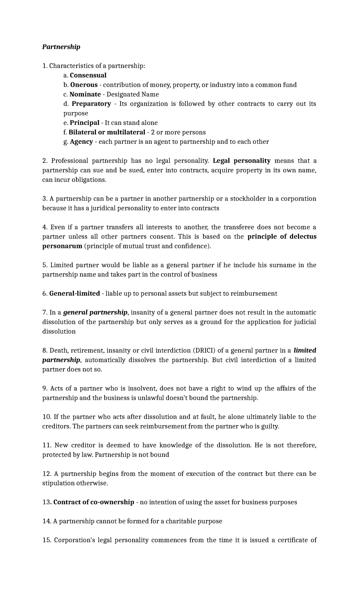 Law on Partnership and Corporation Notes - Partnership Characteristics ...