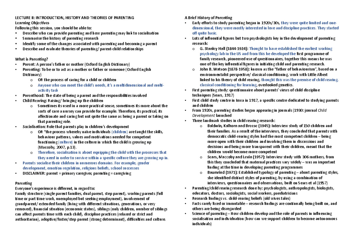 Parenting and Socialisation - LECTURE II: INTRODUCTION, HISTORY AND ...