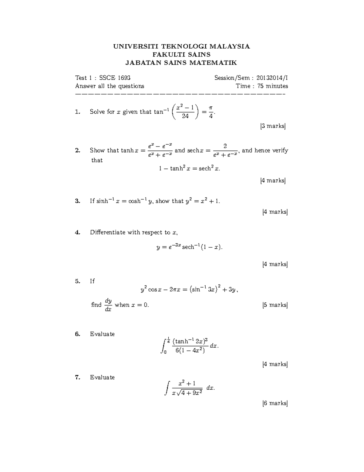 test question only - UNIVERSITI TEKNOLOGI MALAYSIA FAKULTI SAINS ...