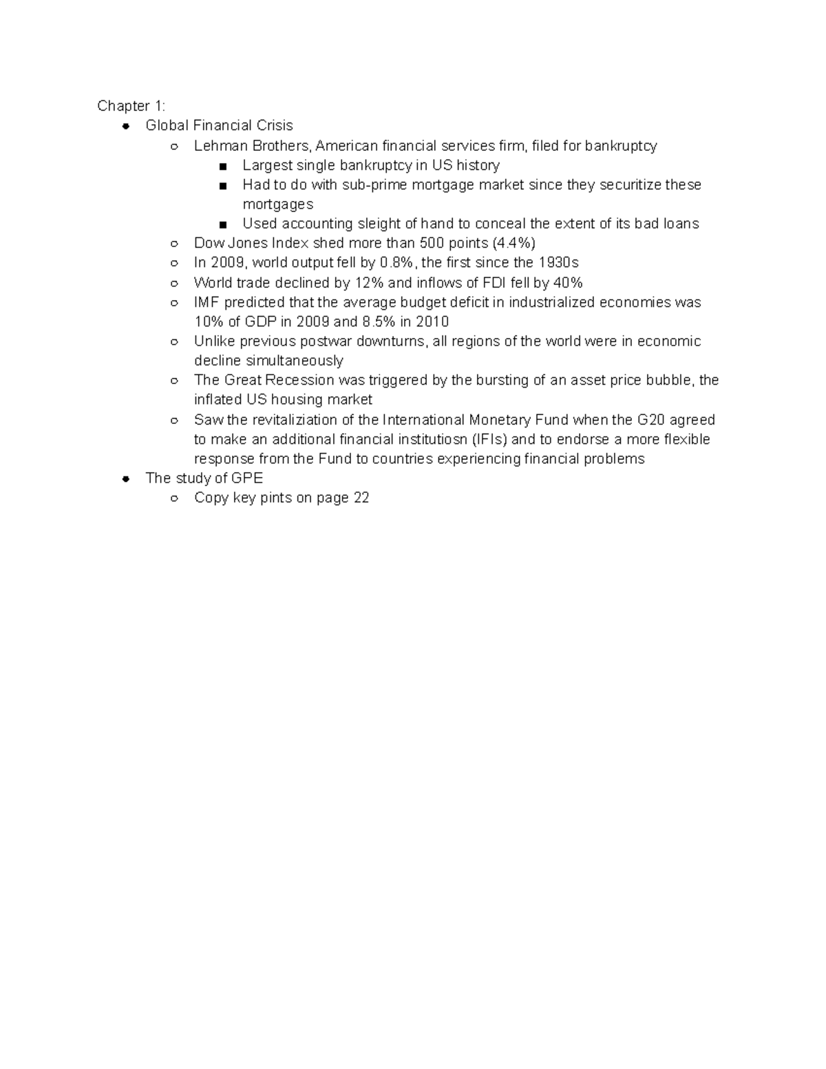 Chapters 1-3 Reading Notes - Chapter 1: Global Financial Crisis Lehman ...
