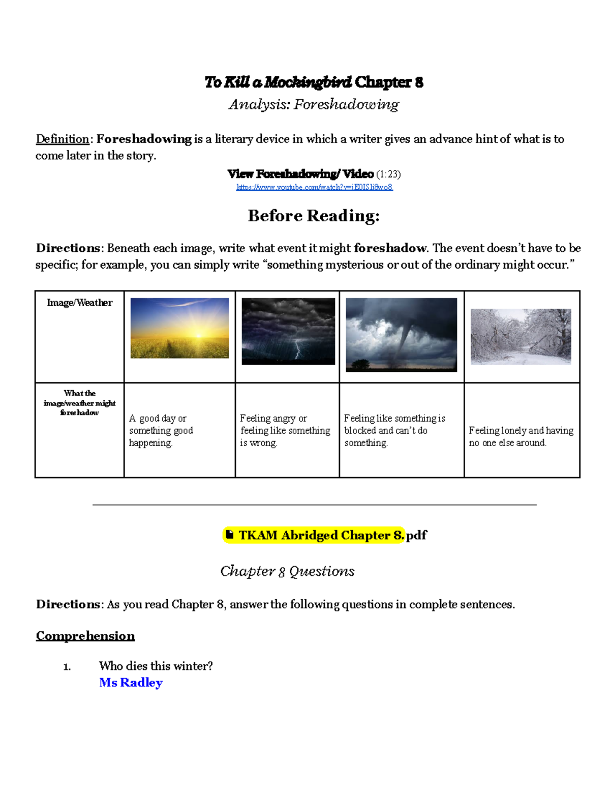 TKAM Ch. 8 Foreshadowing Change - To Kill a Mockingbird Chapter 8 ...