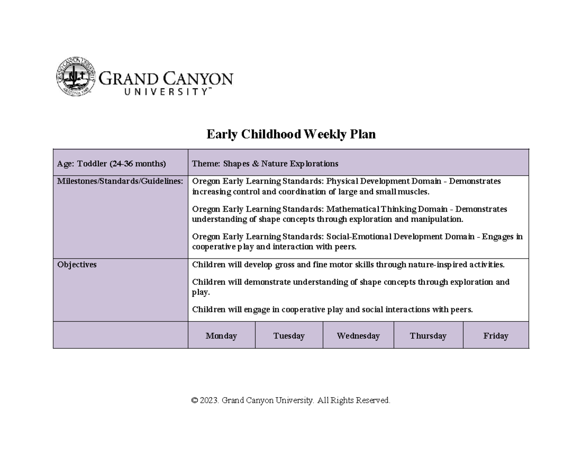 ECE-210-T7-ECEWeekly Plan - Early Childhood Weekly Plan Age: Toddler ...