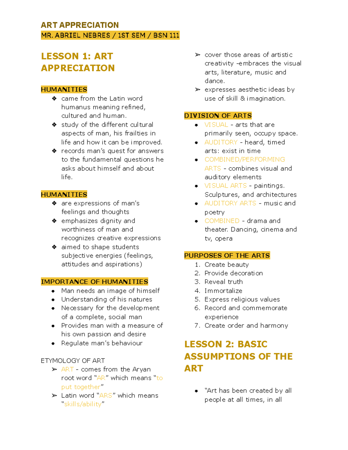 ARTA111 Reviewer Prelim (OLFU 2023) - MR. ABRIEL NEBRES / 1ST SEM / BSN ...