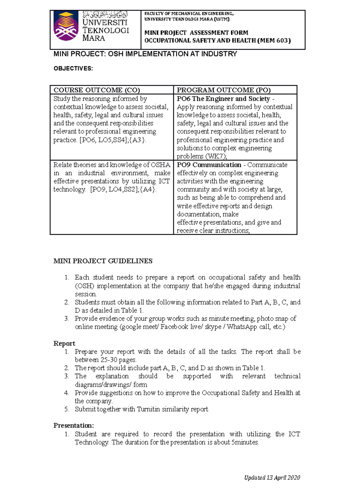MEM603 MINI Project RMO Guideline Oct2020 - MINI PROJECT: OSH ...