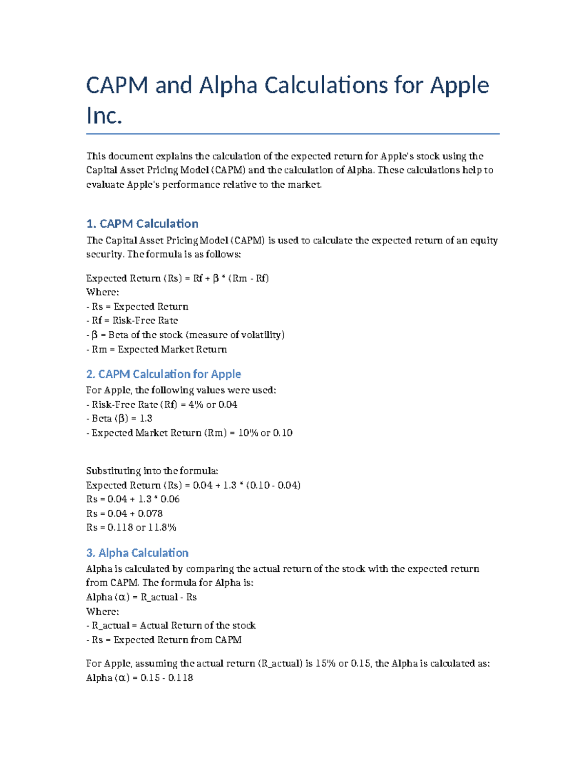 Apple capm alpha calculations - CAPM and Alpha Calculations for Apple ...