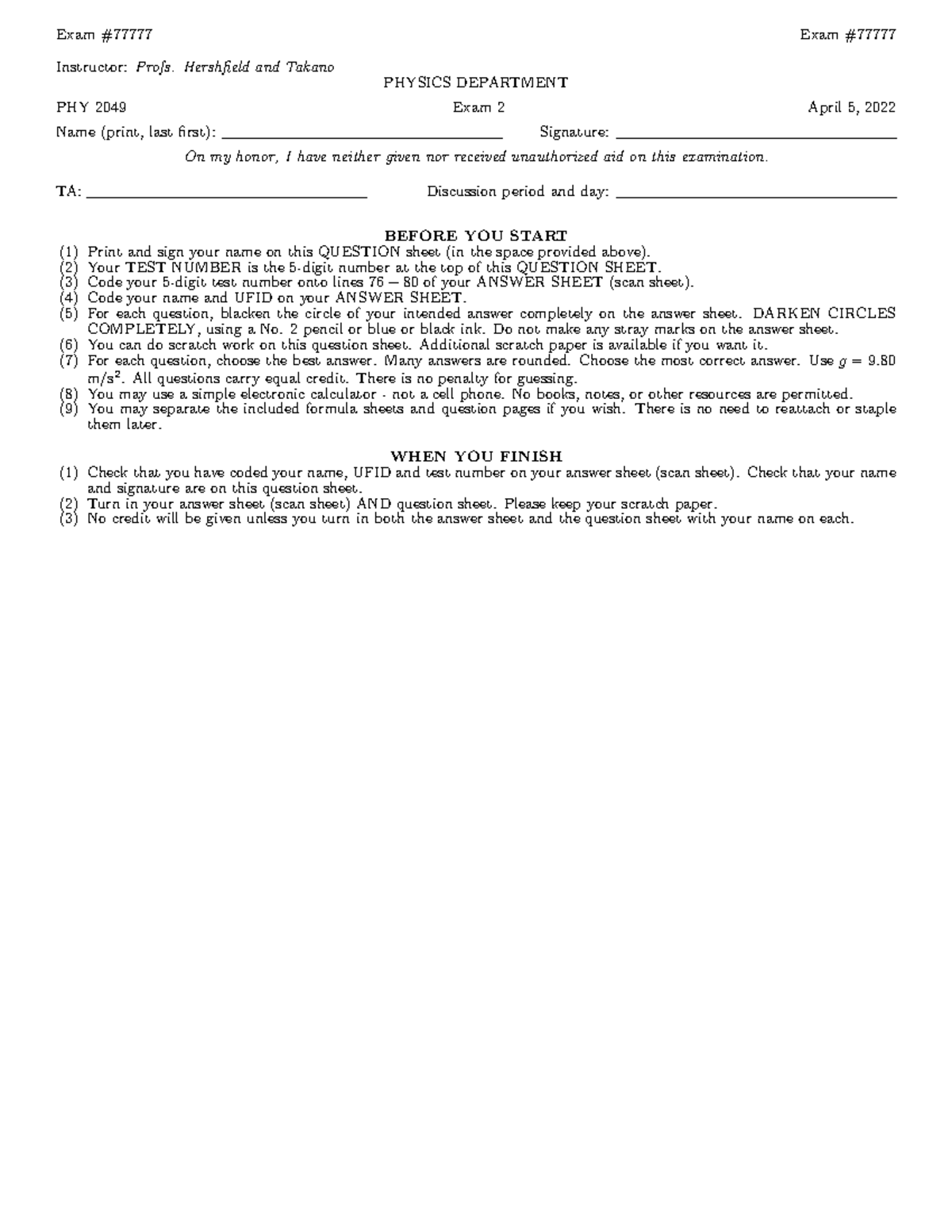 Exam2sol - PHY2049 Exam2 - Instructor: Profs. Hershfield and Takano PHYSICS DEPARTMENT PHY 2049 ...